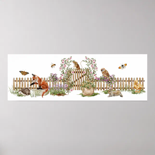 Animals Birds Bee Picket Fence Floral Garden Poster | Zazzle
