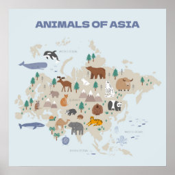 Animals of Asia Illustrated Map Poster | Zazzle