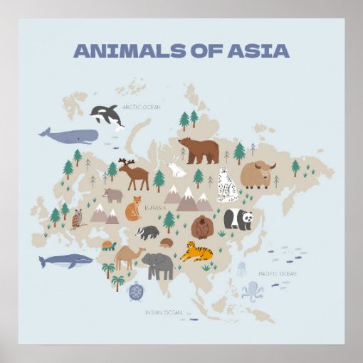 Animals of Asia Illustrated Map Poster | Zazzle