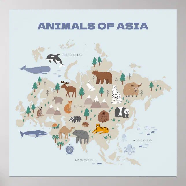 Animals of Asia Illustrated Map Poster | Zazzle