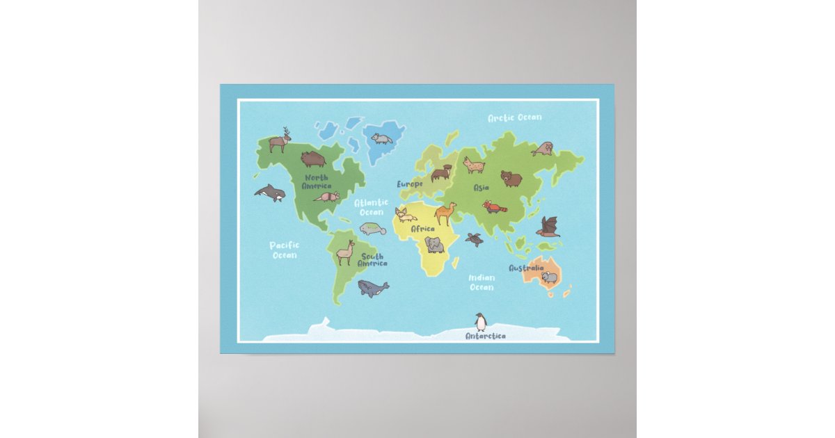Animals of the World Map Poster | Zazzle
