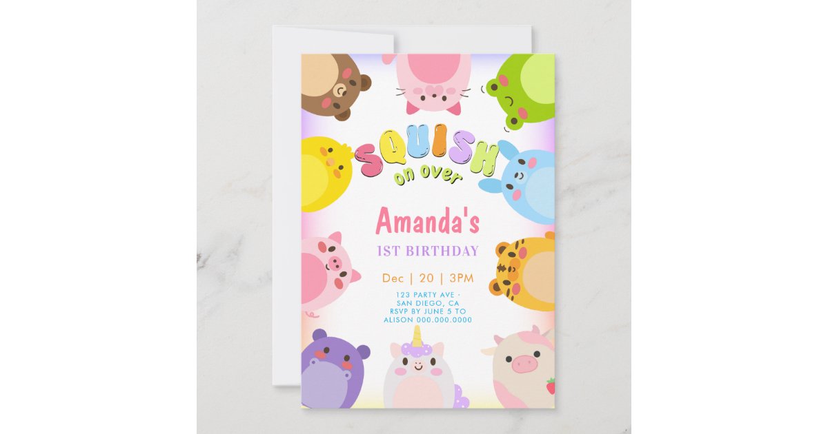 Animals Squish On Over rainbow Birthday Invitation | Zazzle