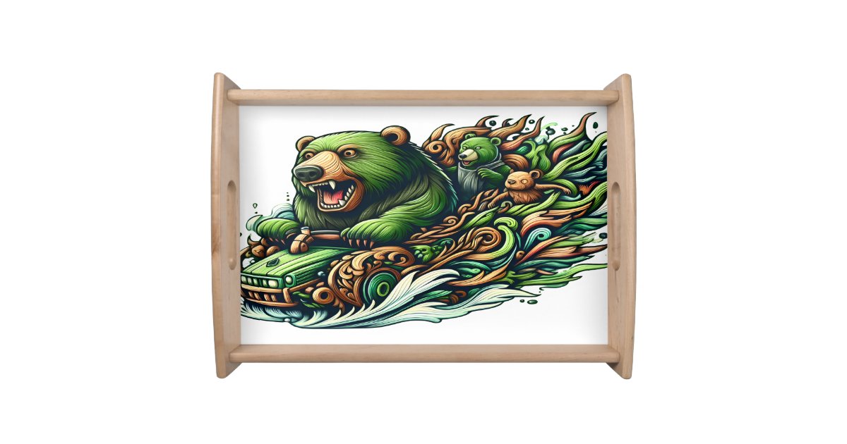 Animated Bears Riding a Green Car Serving Tray | Zazzle