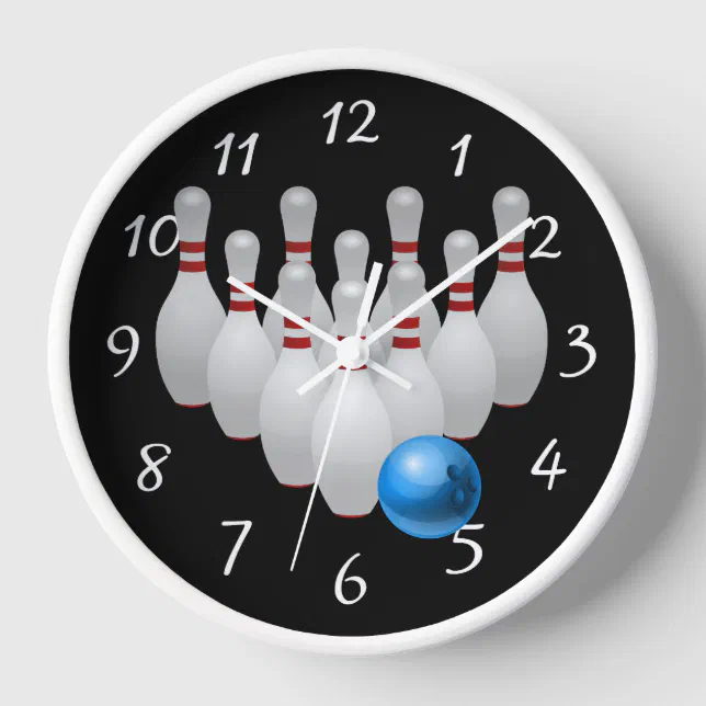 Animated bowling ball and pins round clock | Zazzle