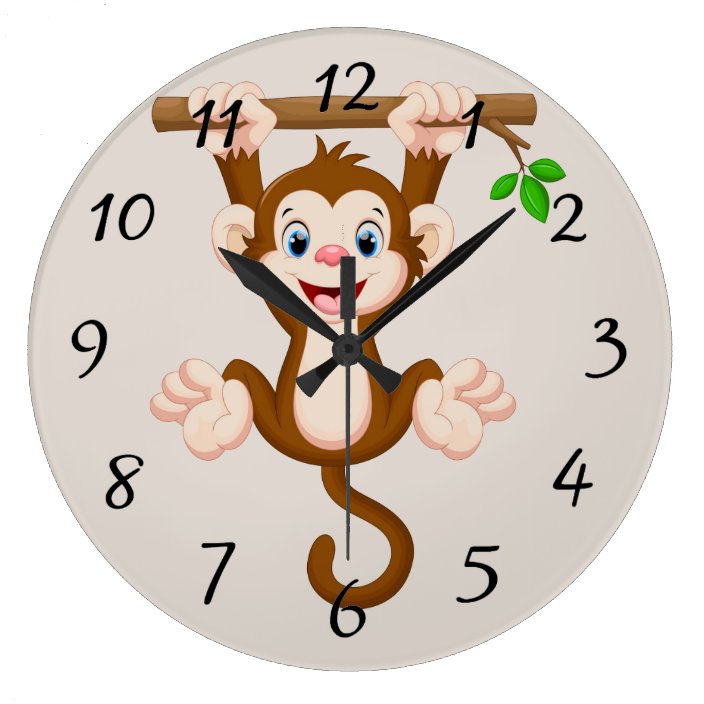 Animated Monkey hanging on branch Large Clock | Zazzle.com