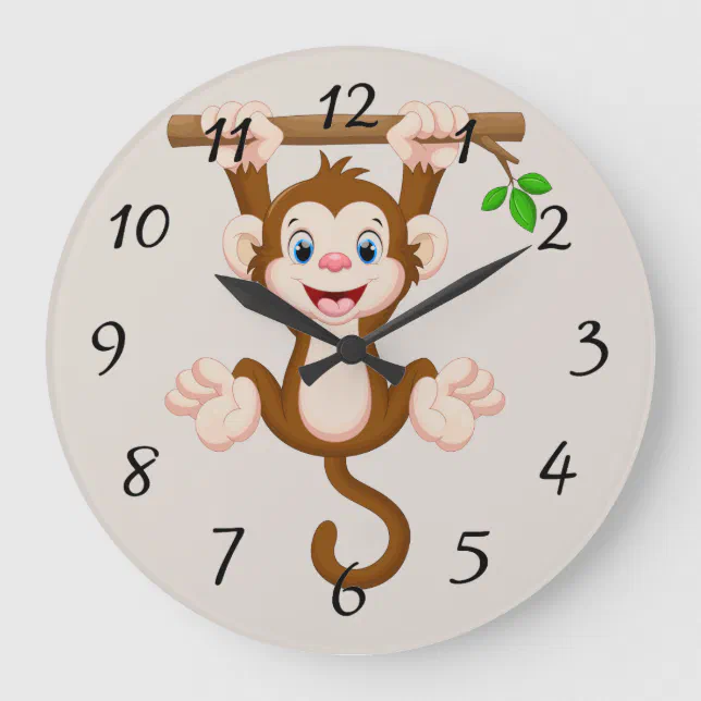 Animated Monkey hanging on branch Large Clock | Zazzle