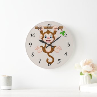 Animated Monkey hanging on branch Large Clock | Zazzle