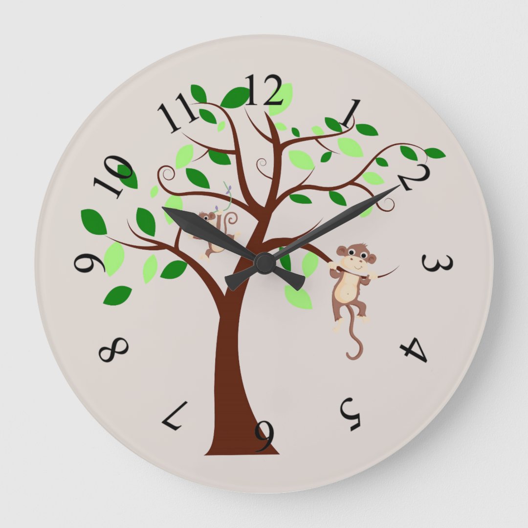 Animated monkeys hanging on tree branches large clock | Zazzle