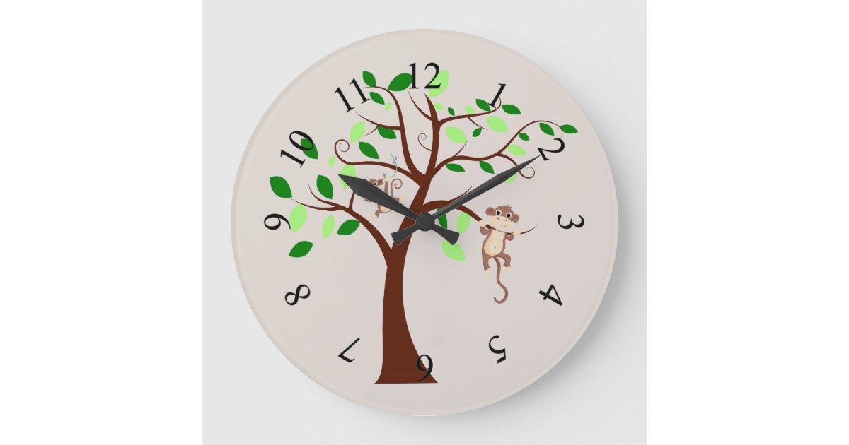 Animated monkeys hanging on tree branches large clock | Zazzle