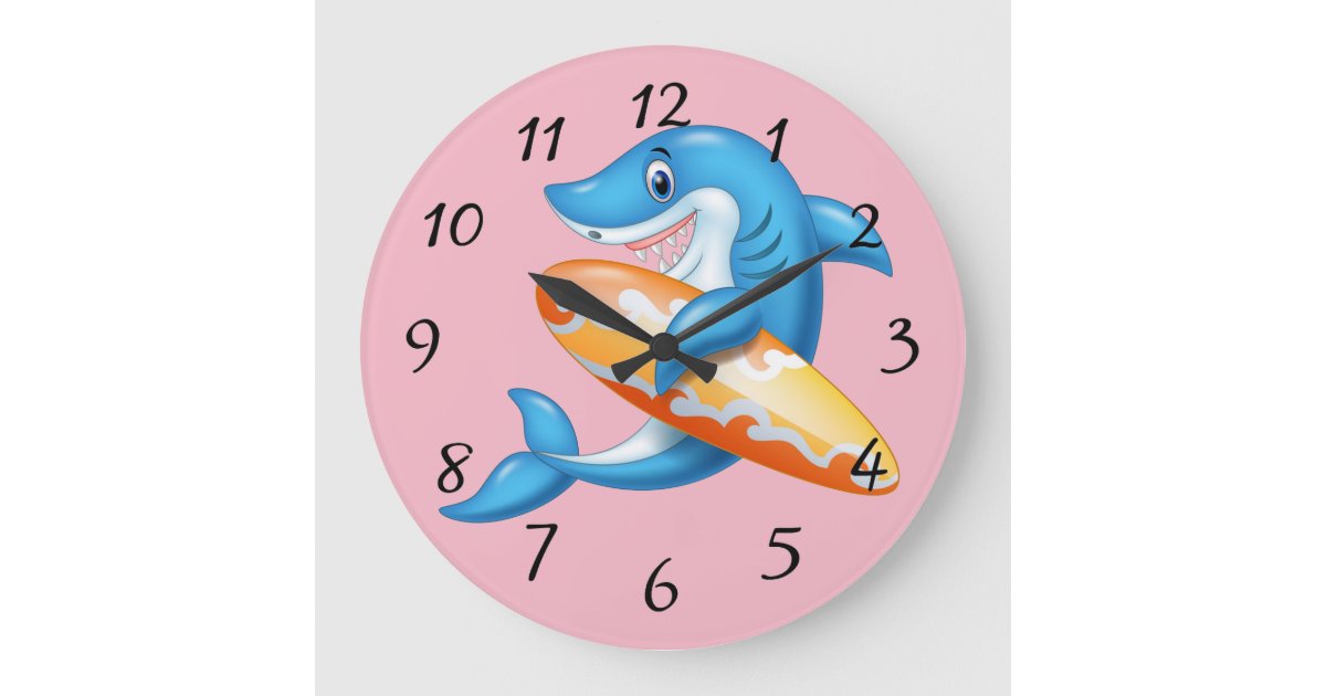 Animated shark surfer large clock | Zazzle