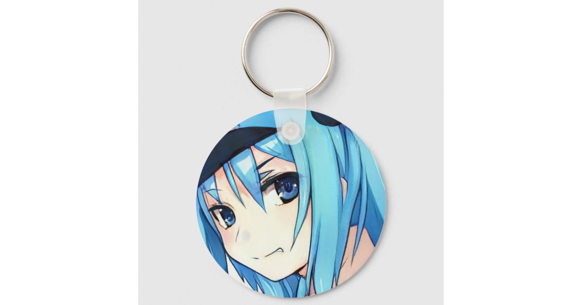anime blue-haired girl blue eyes keychain | Zazzle