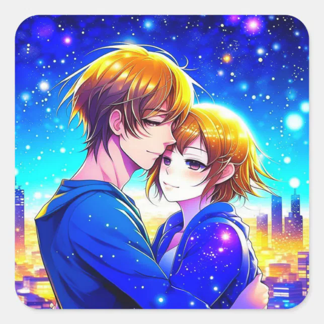 Anime Couple Cuddling with a City View Square Sticker | Zazzle