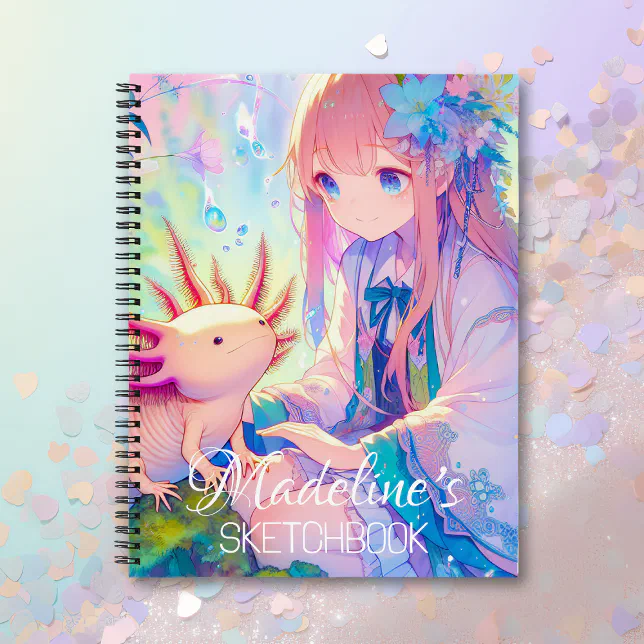 Anime Girl and Axolotl Personalized Sketchbook Notebook | Zazzle