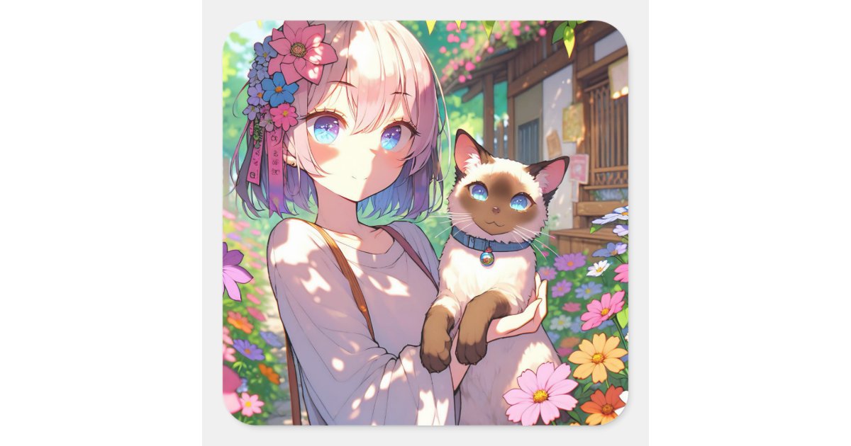 Anime Girl and Siamese Cat Square Sticker | Zazzle