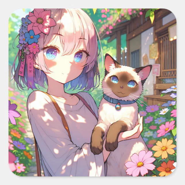 Anime Girl and Siamese Cat Square Sticker | Zazzle