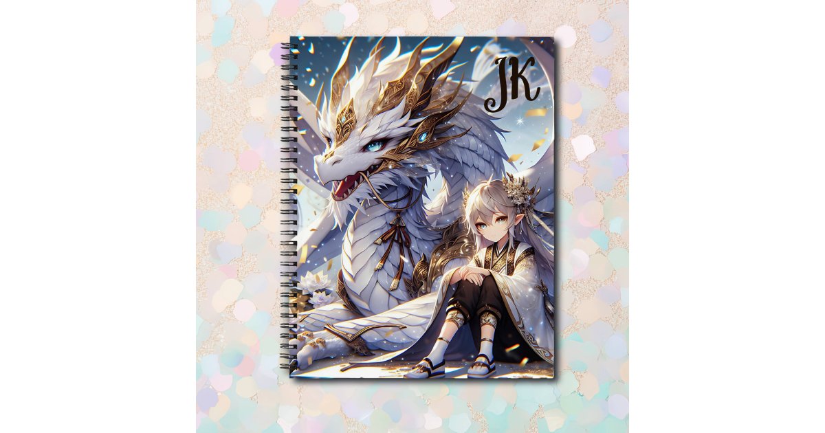Anime Girl and White and Gold Dragon Monogrammed Notebook | Zazzle