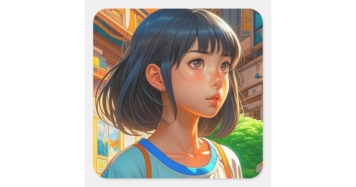 Anime Girl in the City Colorful Artsy Square Sticker | Zazzle