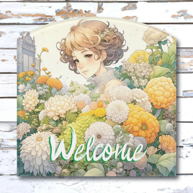 Anime Girl in Yellow and White Flowers Welcome Door Sign | Zazzle