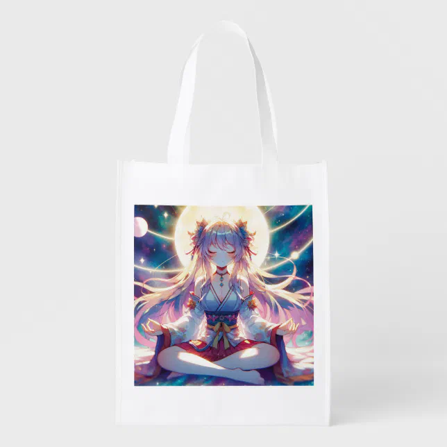 Anime Girl Meditating Spiritual Grocery Bag | Zazzle