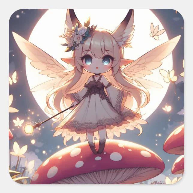 Anime Girl Pixie Hippie Moon Fairy Square Sticker | Zazzle