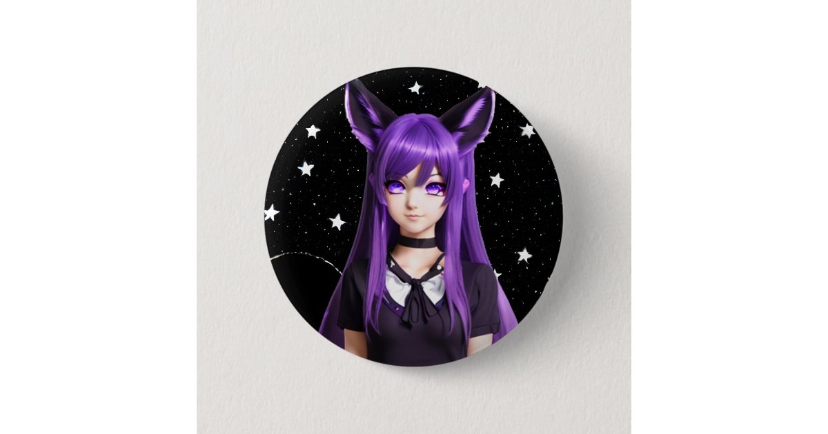 Anime Girl with Purple Hair and Eyes Button | Zazzle