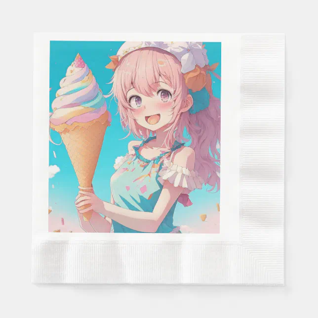 Anime Girl with Whimsical Ice Cream Cone Birthday Napkins | Zazzle