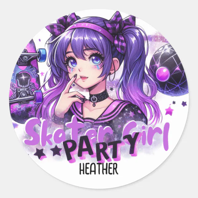 Anime Skater Girl Birthday Party Skateboarding Classic Round Sticker ...