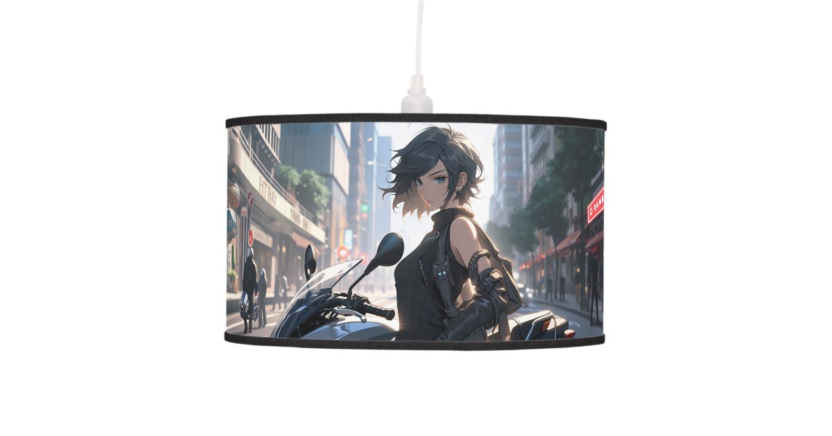 Anime woman biking downtown ceiling lamp | Zazzle