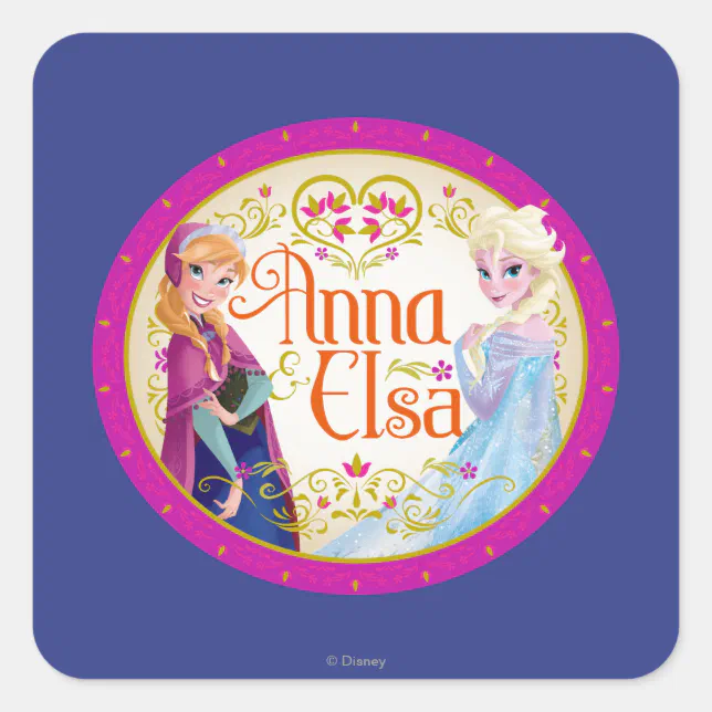 Anna and Elsa | Floral Frame Square Sticker | Zazzle
