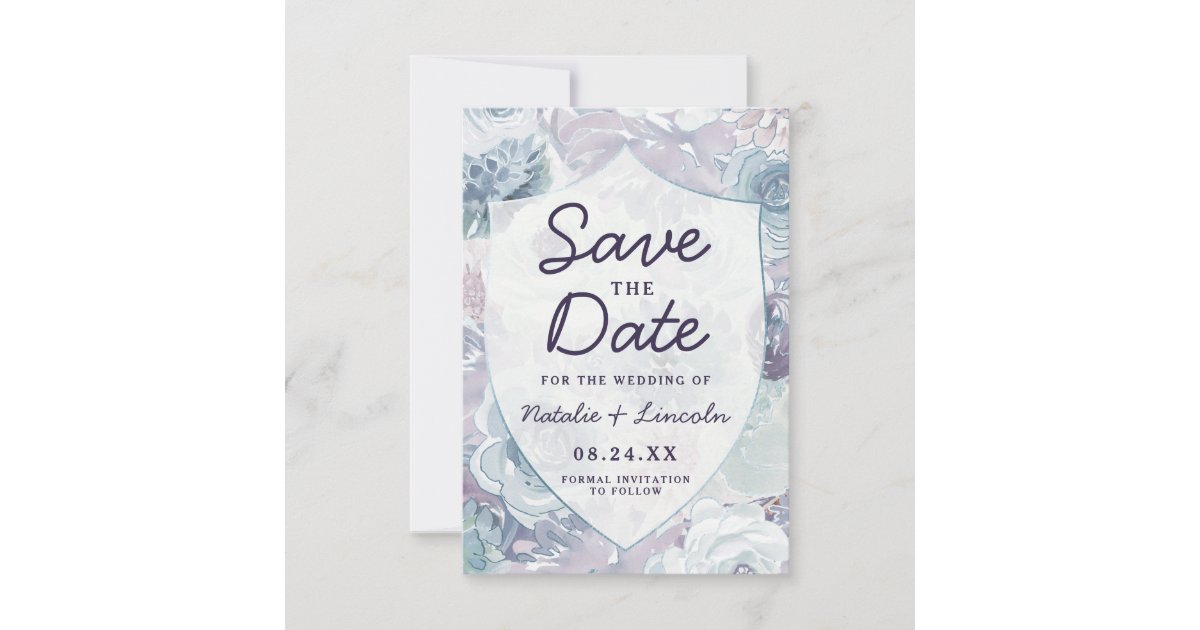 Annabelle Vintage Blue Floral Crest Wedding Save The Date | Zazzle