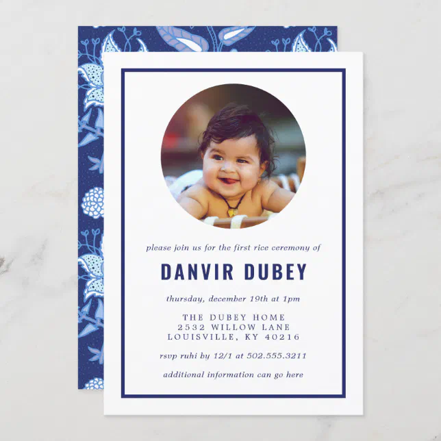 Annaprashan Blue Floral First Rice Ceremony Photo Invitation | Zazzle