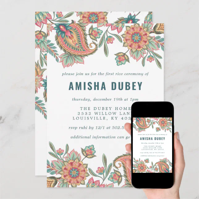 Annaprashan First Rice Ceremony Paisley Floral Invitation | Zazzle