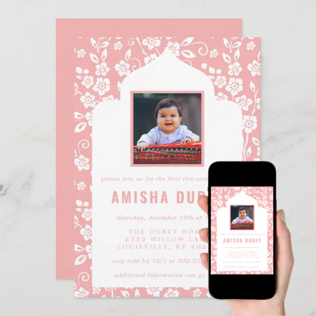 Annaprashan Pink White Floral First Rice Ceremony Invitation | Zazzle