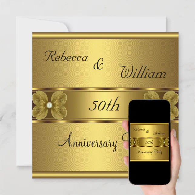 Anniversary 50th Elegant Roll Gold Party Floral Invitation | Zazzle