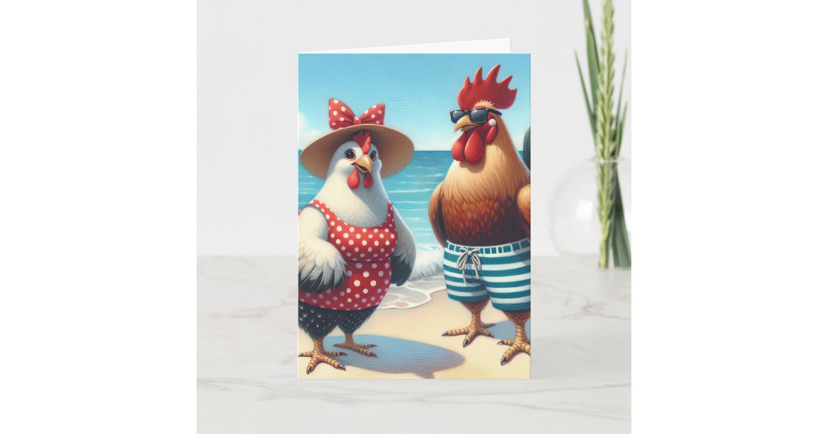 Anniversary Beach Chickens Wearing Swimsuits Card | Zazzle