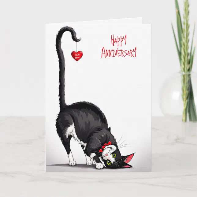 Anniversary Cat With Dangling Heart Card | Zazzle