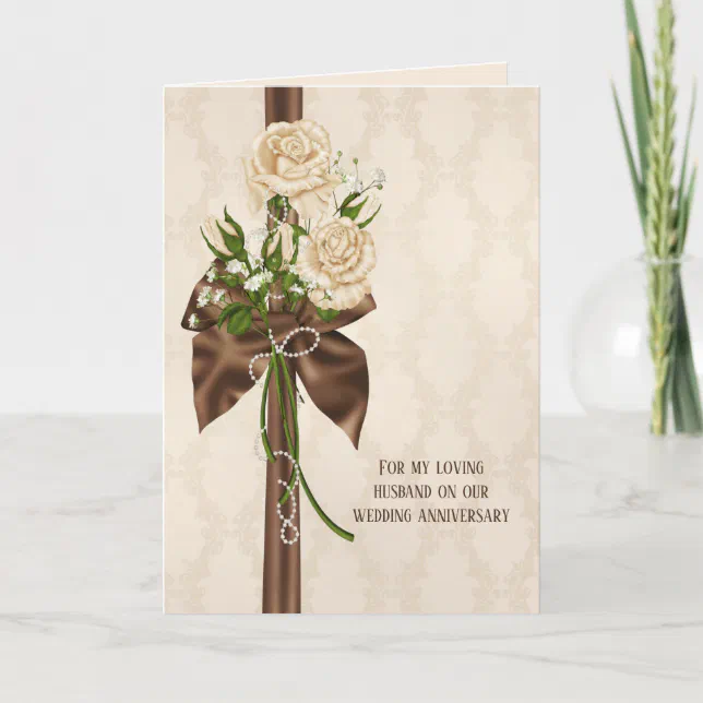 anniversary roses on damask card | Zazzle