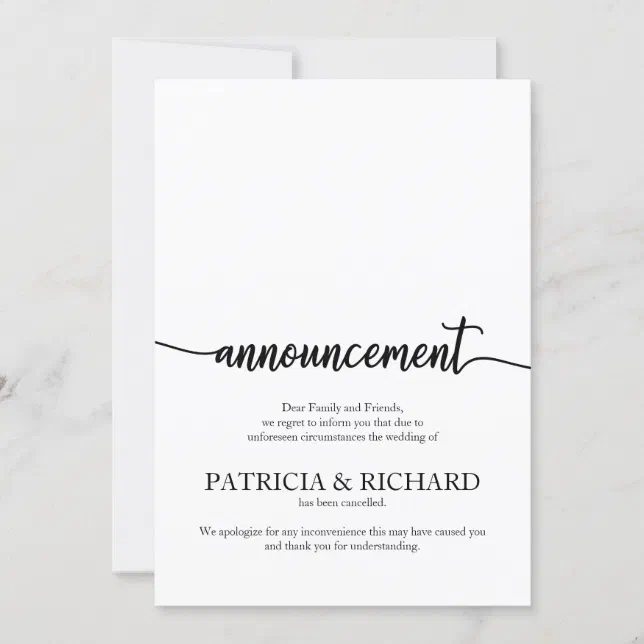 Announcement Cancelled Wedding Elegant Calligraphy | Zazzle