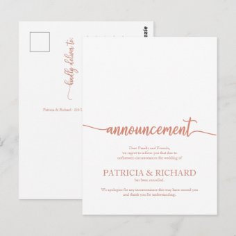 Announcement Cancelled Wedding Elegant Rose Gold Postcard | Zazzle