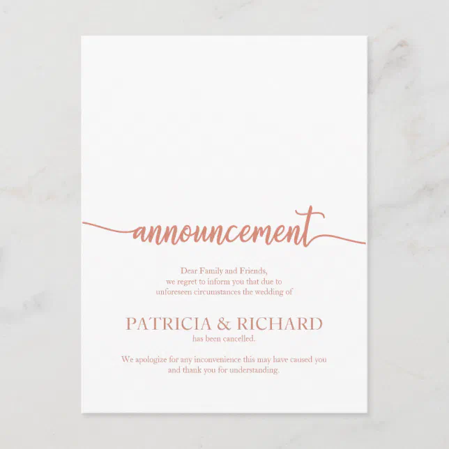 Announcement Cancelled Wedding Elegant Rose Gold Postcard | Zazzle