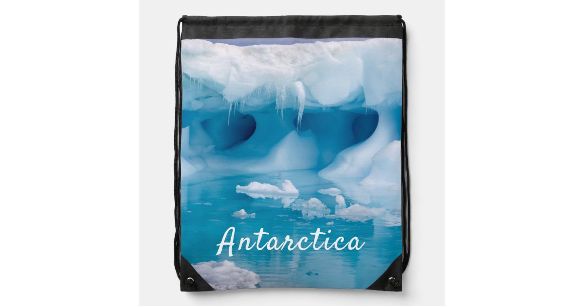 Antarctica iceberg photo with text drawstring bag | Zazzle