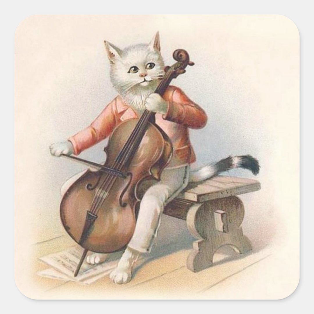 Anthropomorphic White Cat Playing Cello Square Sticker | Zazzle