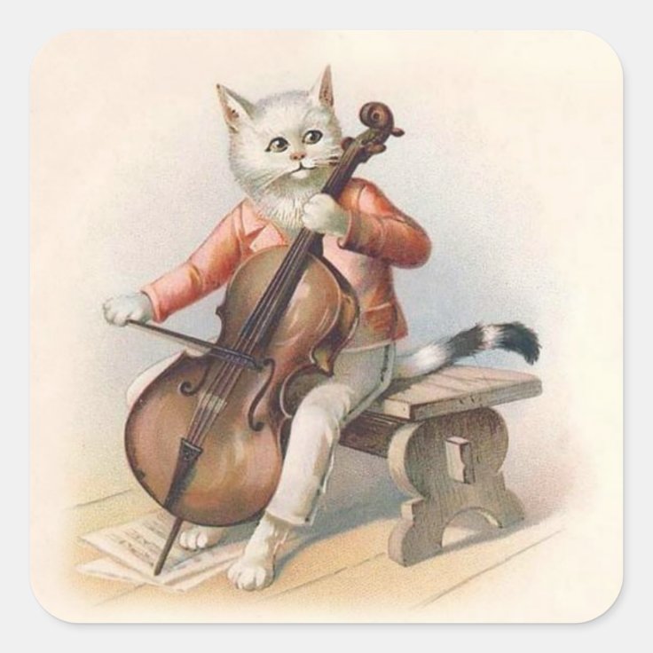 Anthropomorphic White Cat Playing Cello Square Sticker | Zazzle