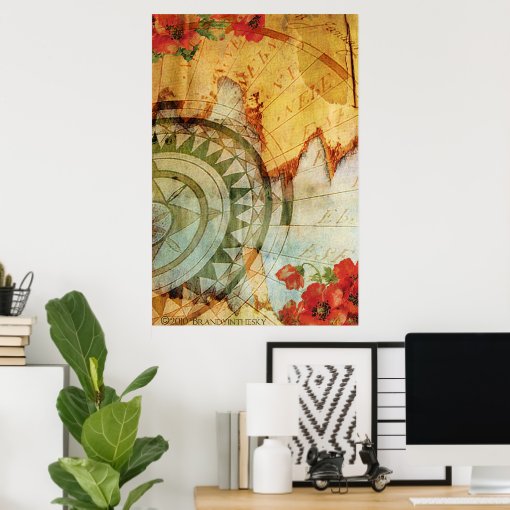 Antiquarian Steampunk Poster with Compass & Poppy | Zazzle