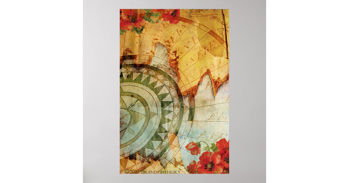 Antiquarian Steampunk Poster with Compass & Poppy | Zazzle