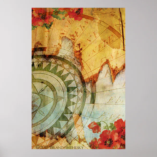 Antiquarian Steampunk Poster with Compass & Poppy | Zazzle