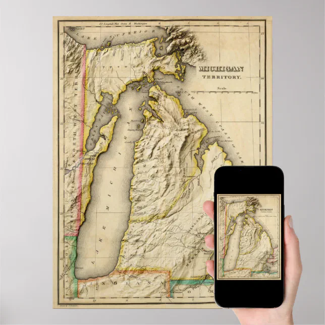 Antique 1822 Michigan Map with Modern Relief Poster | Zazzle
