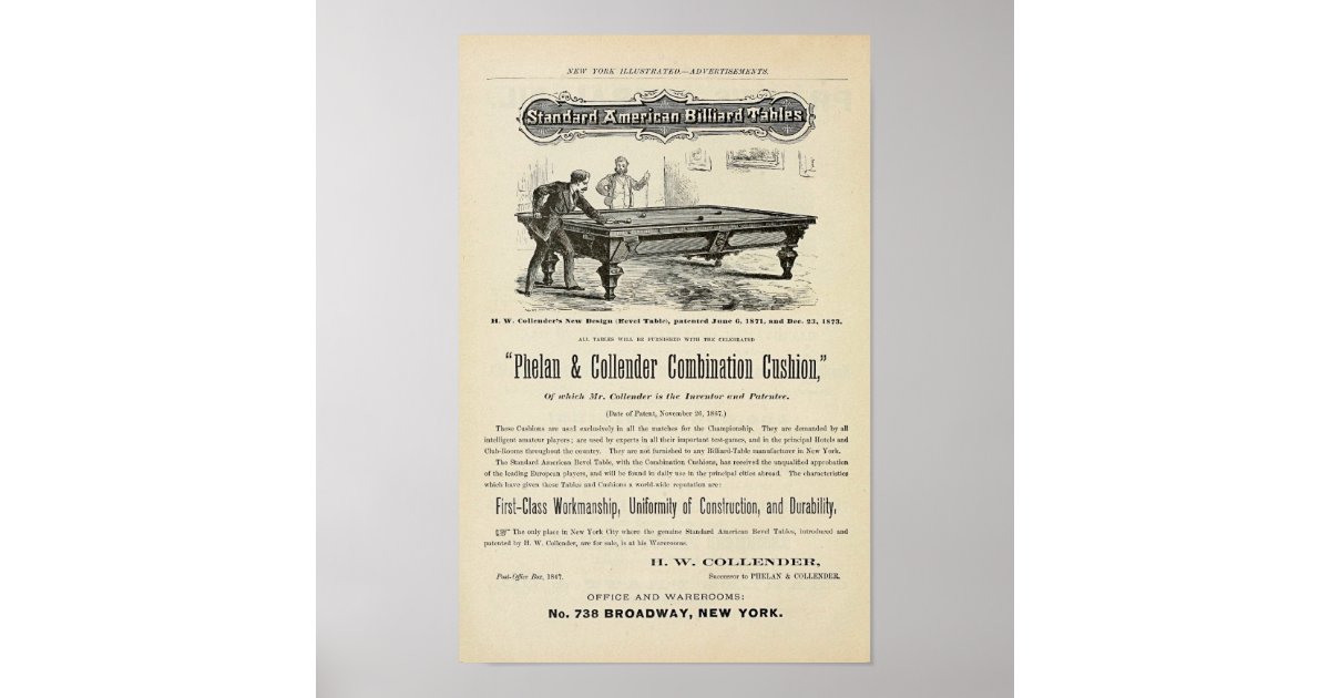 Antique 1874 Billiard Tables ad Poster | Zazzle