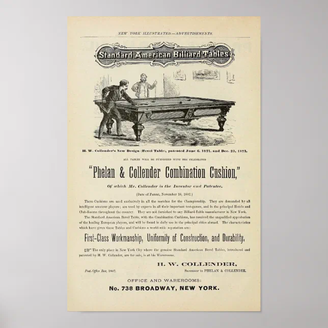 Antique 1874 Billiard Tables ad Poster | Zazzle