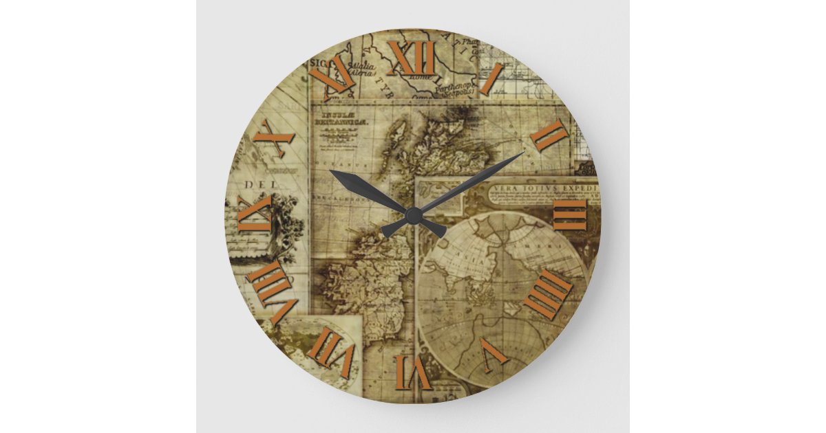 Antique and Vintage Old world maps Large Clock | Zazzle